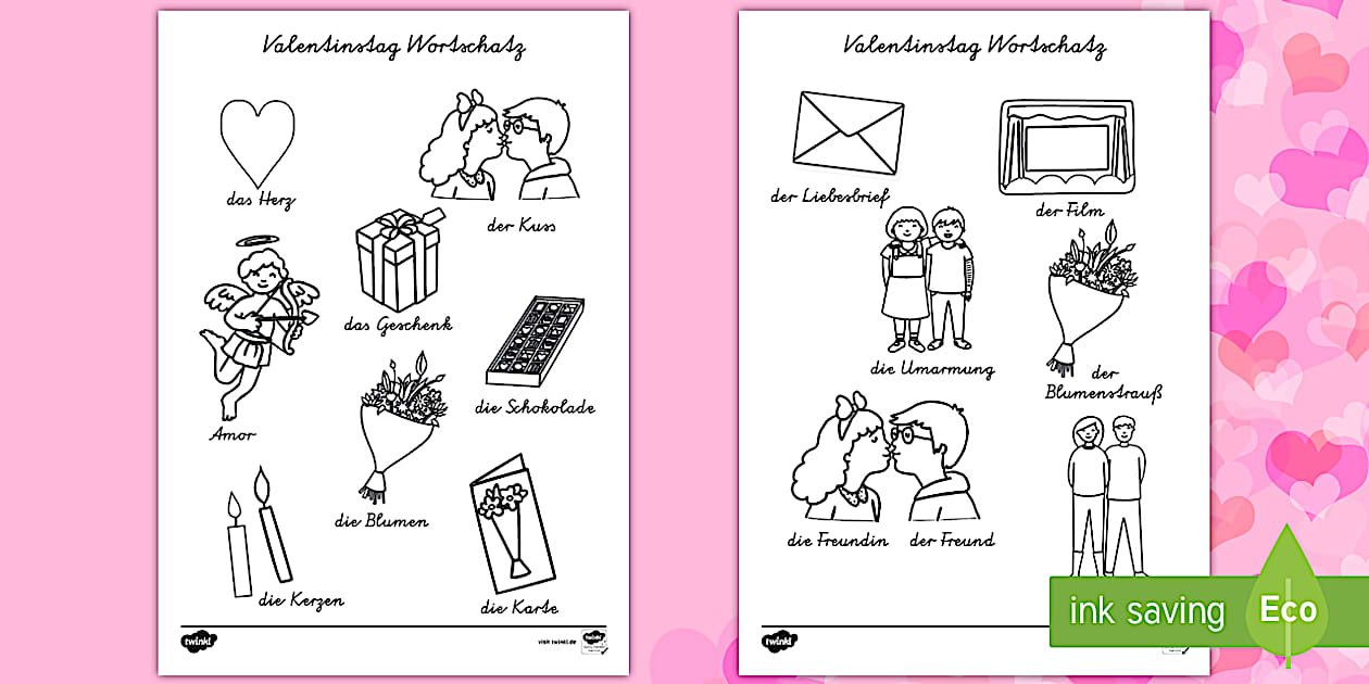 Valentinstag Wortschatz mit Bildern zum Ausmalen Arbeitsblättern
