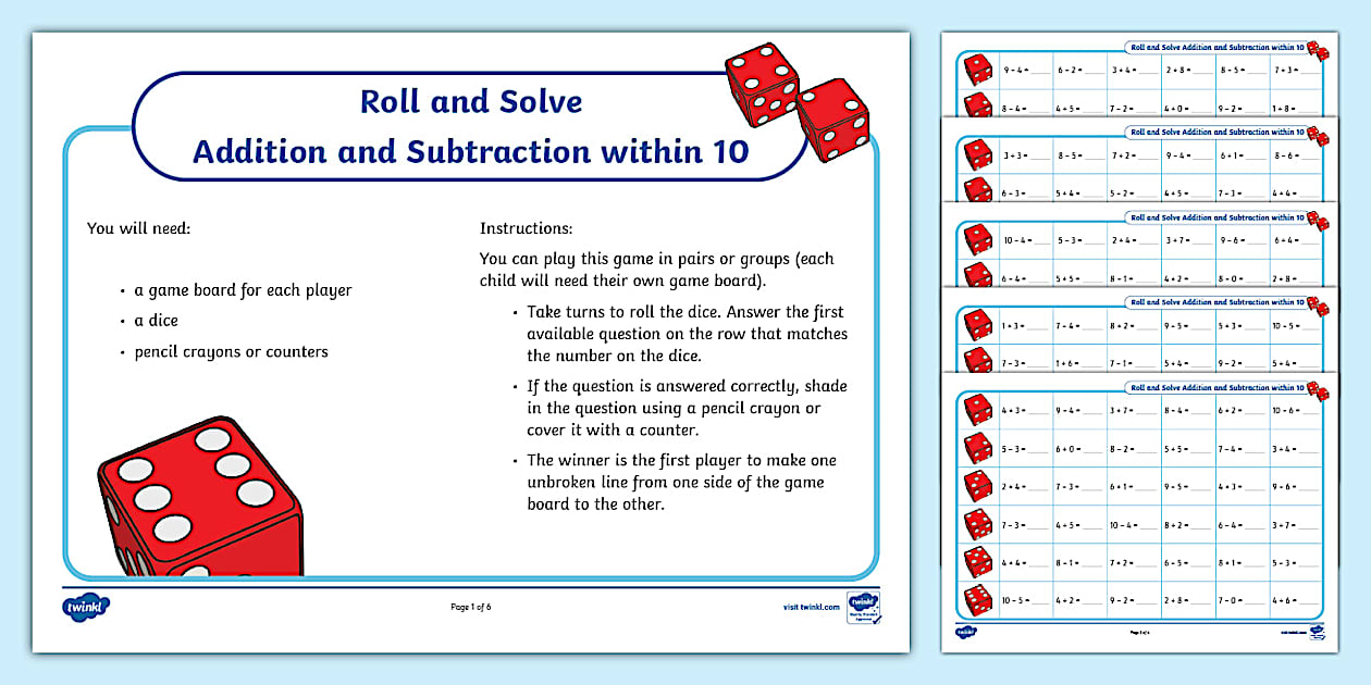 👉 KS1 Roll and Solve Addition and Subtraction within 10