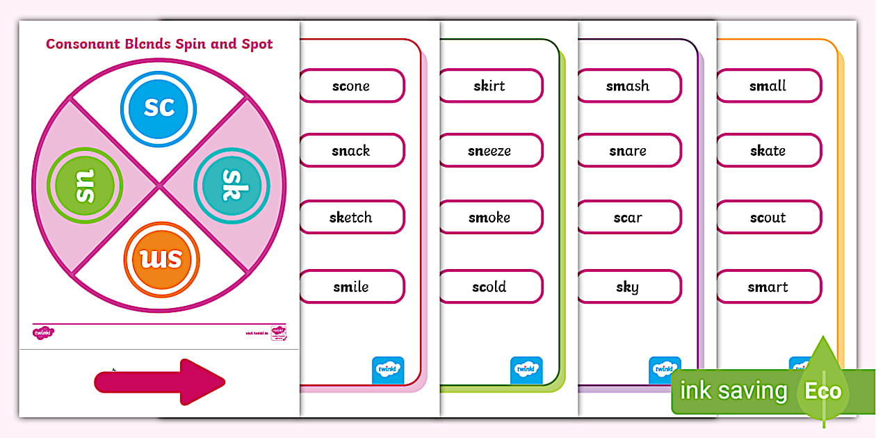 Spinner Game Consonant Blends sc, sk, sn, sm - Twinkl