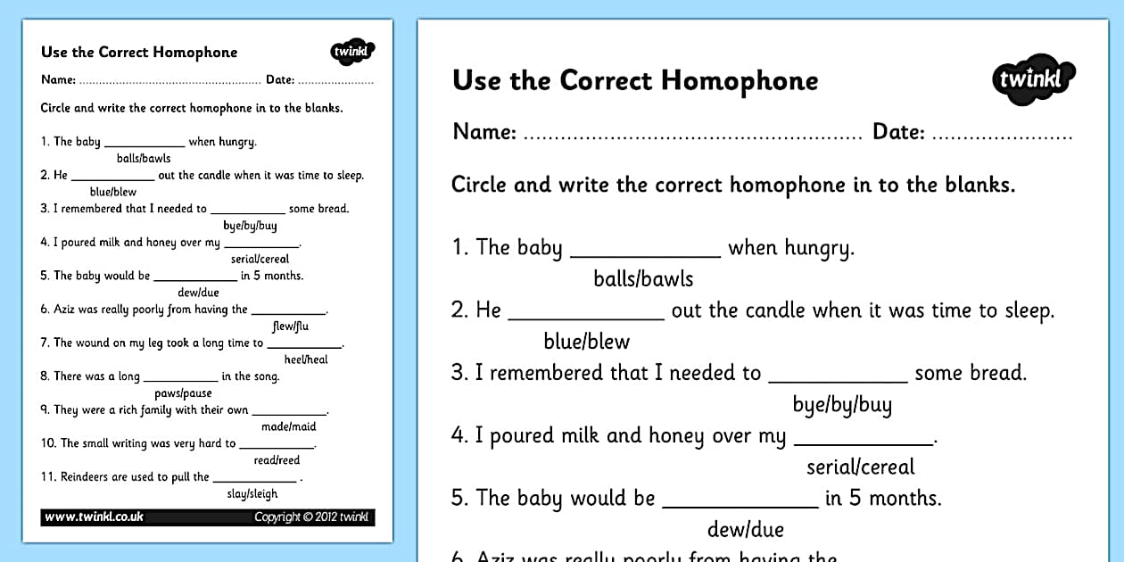 Homophones Worksheet - ESL Homophones Activities - Twinkl