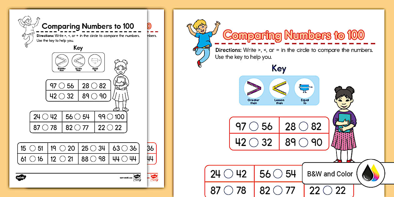 First Grade Comparing Two-Digit Numbers to 100 Worksheet
