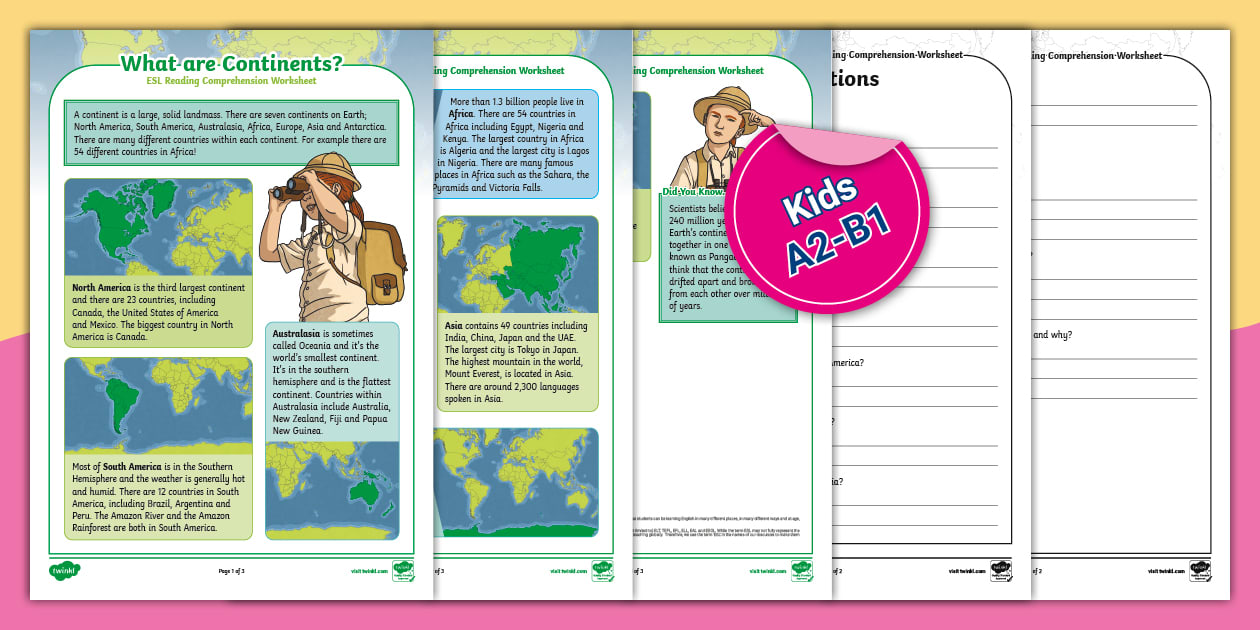 ESL What Are Continents? Reading Comprehension [Kids, A2-B1]