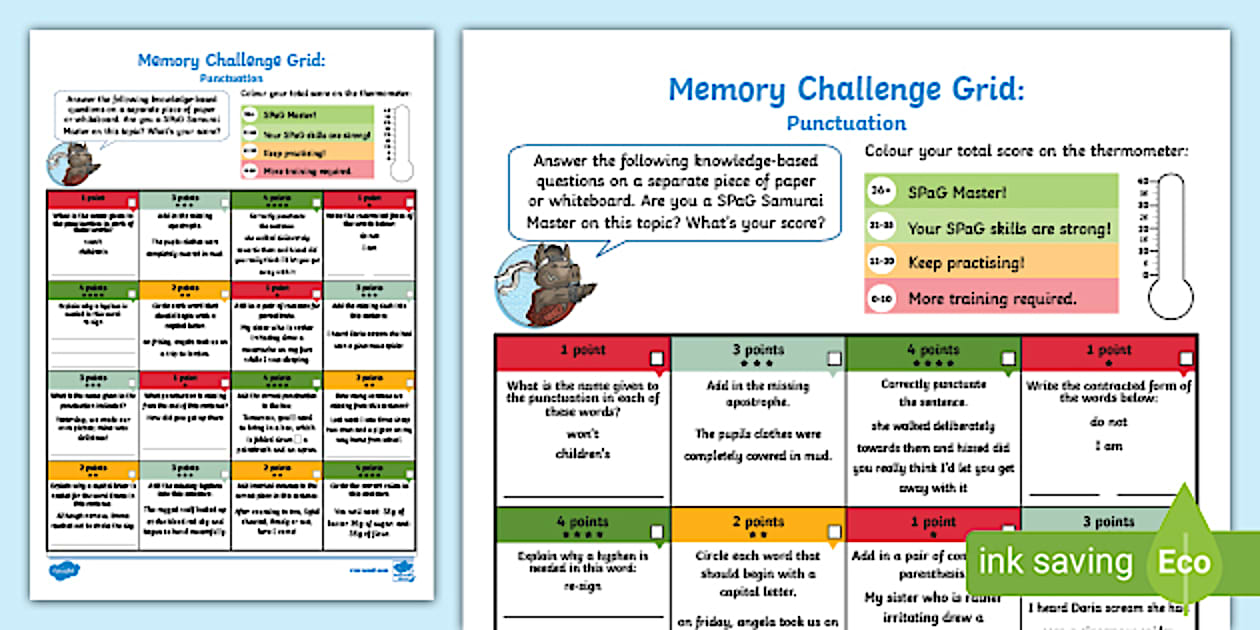 Year 6 SPaG Retrieval Working Memory Challenge Grid: Punctuation