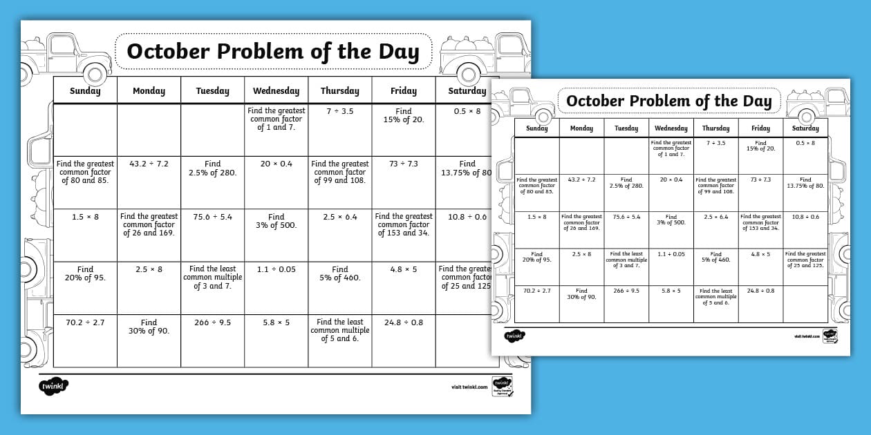 Sixth Grade 2025 Math Problem of the Day October Calendar
