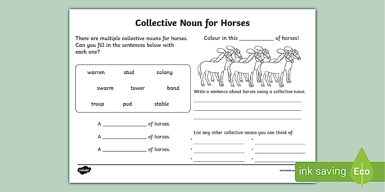 Collective Noun - Horses Worksheet (teacher made) - Twinkl