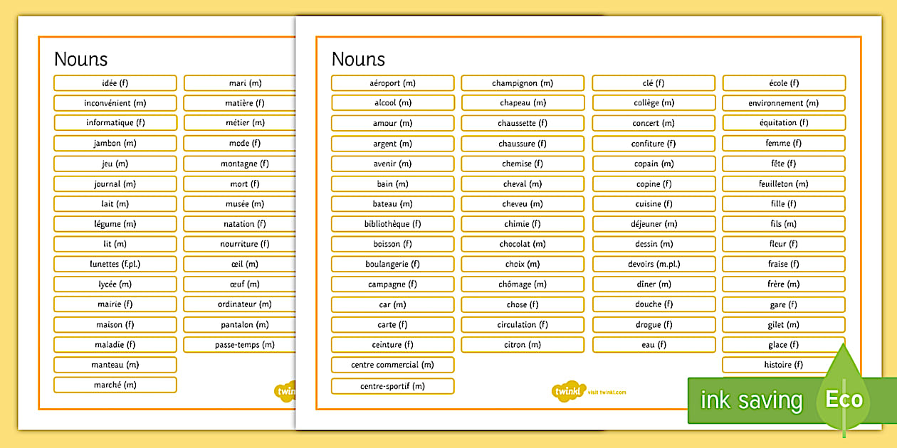 Black and White French Nouns Word Mat (teacher made)