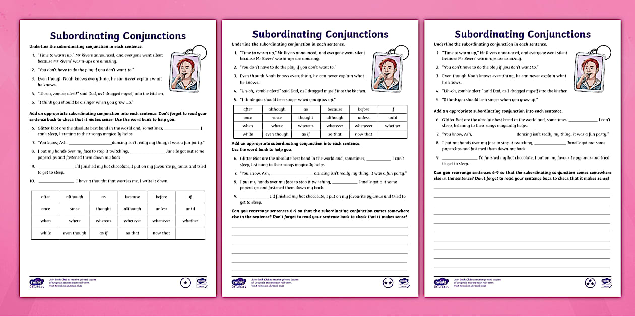 KS2 Subordinating Conjunctions Differentiated Worksheet