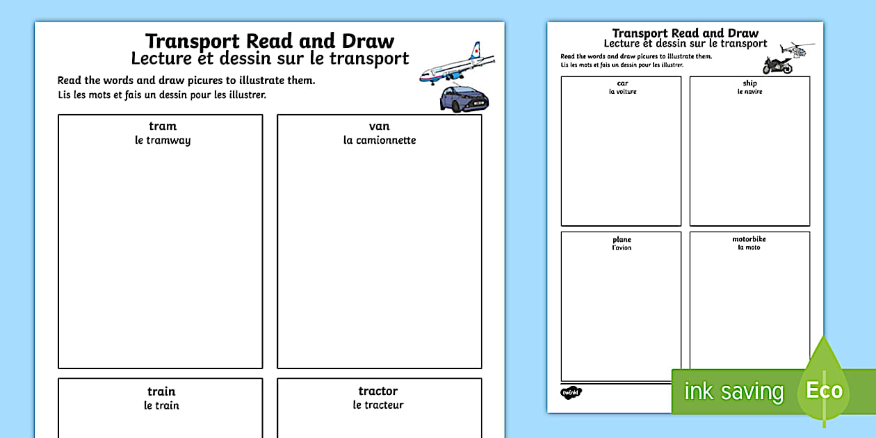 Transport Read and Draw Worksheet English/French - Transport Read and Draw