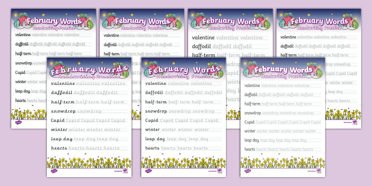 February Words Handwriting Practice Worksheet (teacher made)