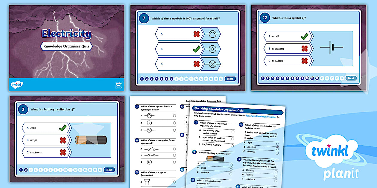 Science: Electricity: Year 6: Knowledge Organise Quiz Pack