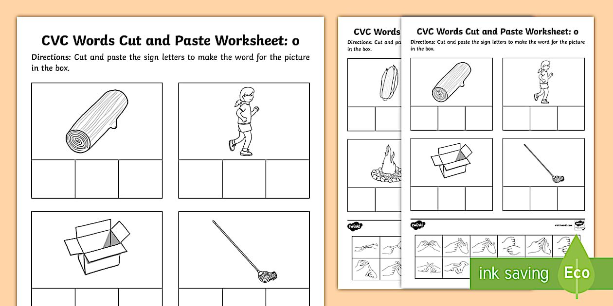 CVC Words Cut and Paste Worksheets o with British Sign Language