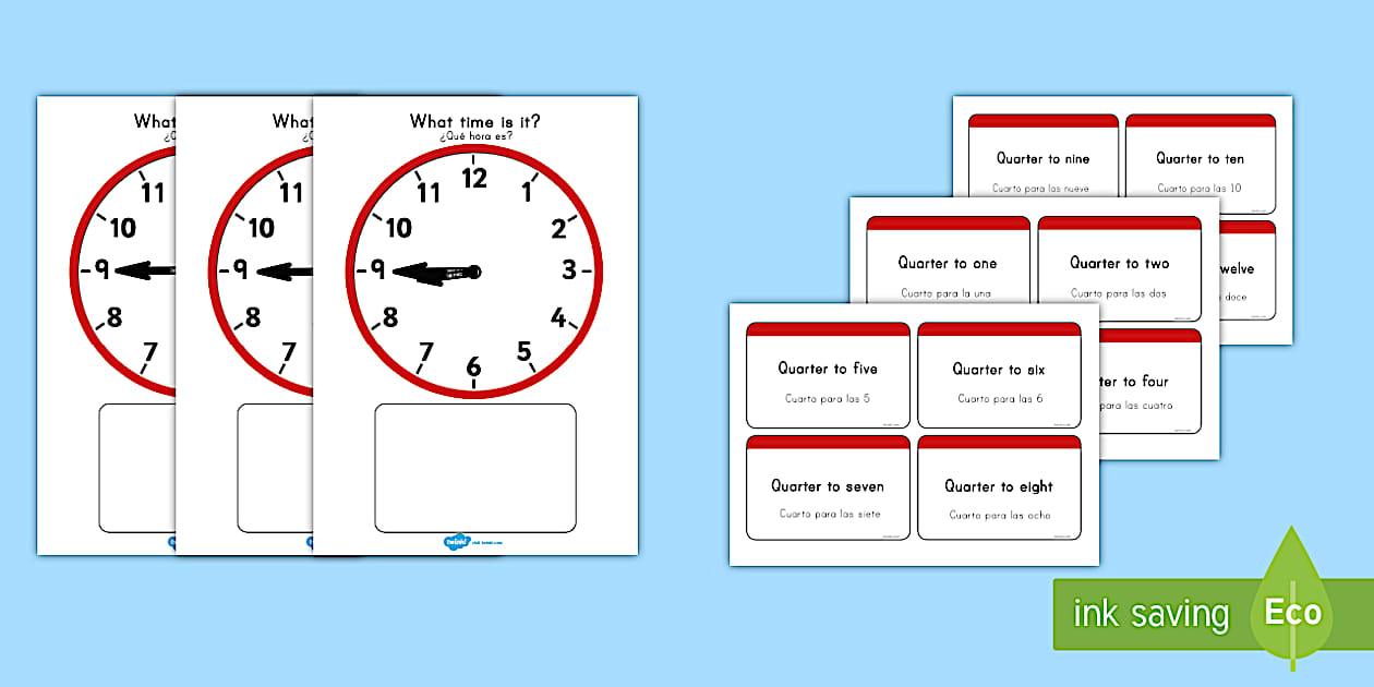 Clock Matching Game: Quarter To - English/Spanish - Clock Matching Game