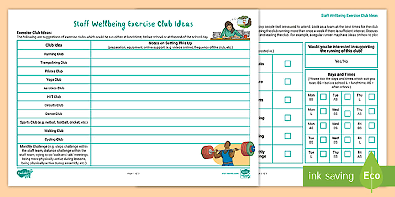Staff Exercise Club Ideas Sheet - Staff Wellbeing in Schools