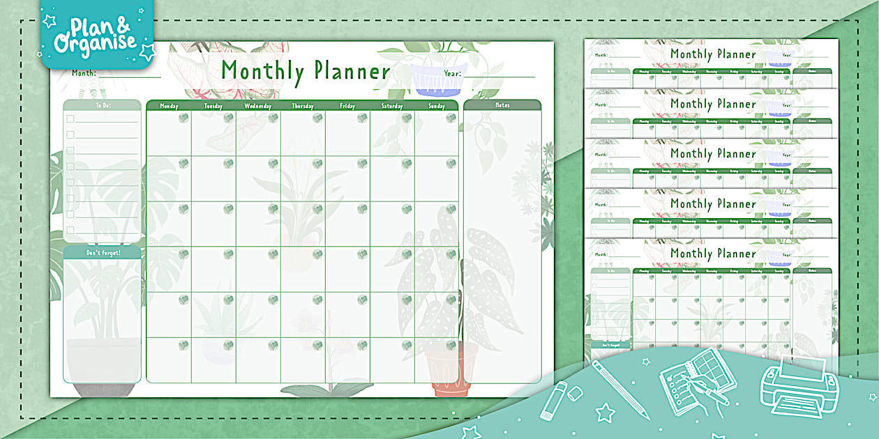 Botanical-Themed Blank Monthly Planner Calendar Template