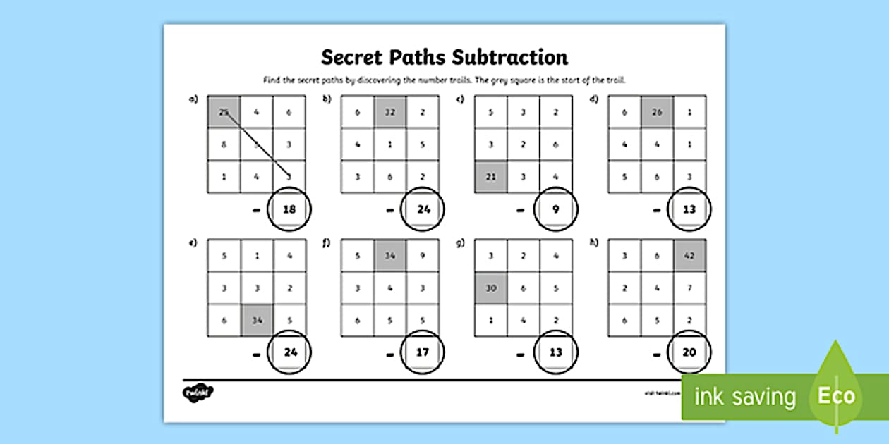 Secret Subtraction Number Paths Worksheet - Twinkl