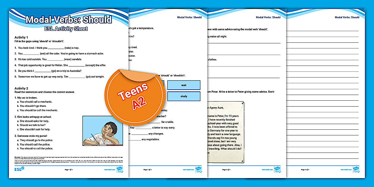ESL Should/Shouldn't Activity Sheet for Teens - Twinkl