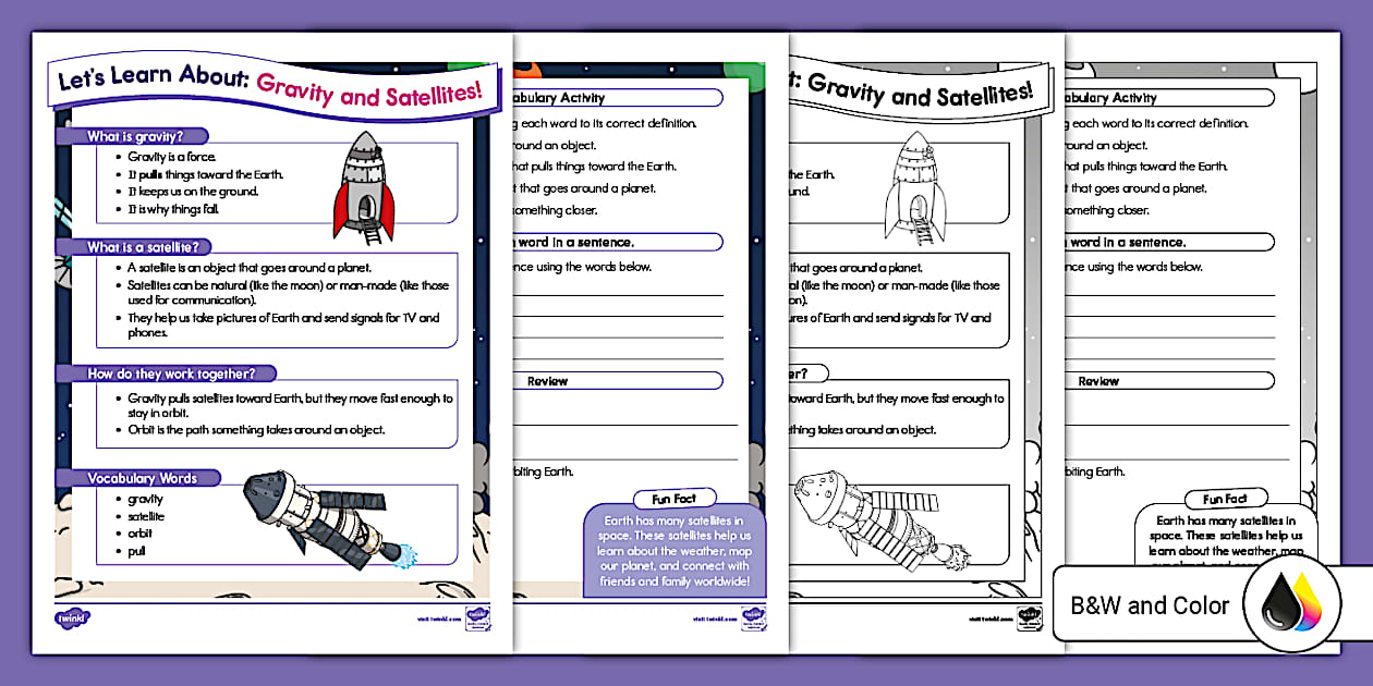 Let's Learn About: Gravity and Satellites! Science Vocabulary Worksheet for