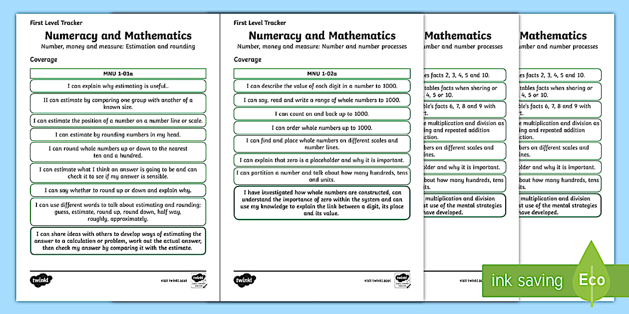 Editable CfE First Level Numeracy and Maths Child Friendly Assessment Tracker