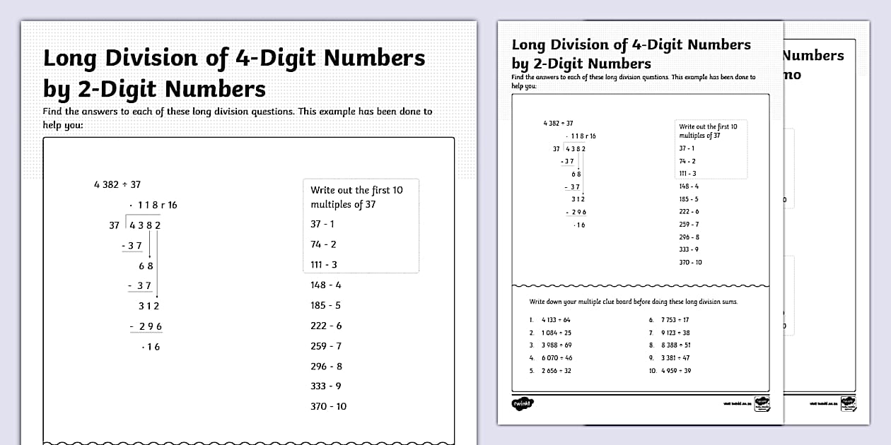 Long Division of 4-Digit Numbers by 2-Digit Numbers - Activity Sheet