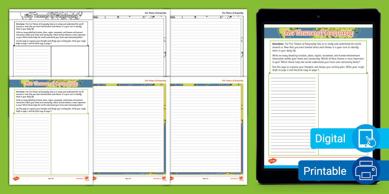 Five Themes of Geography Reflective Writing for 6-8 G