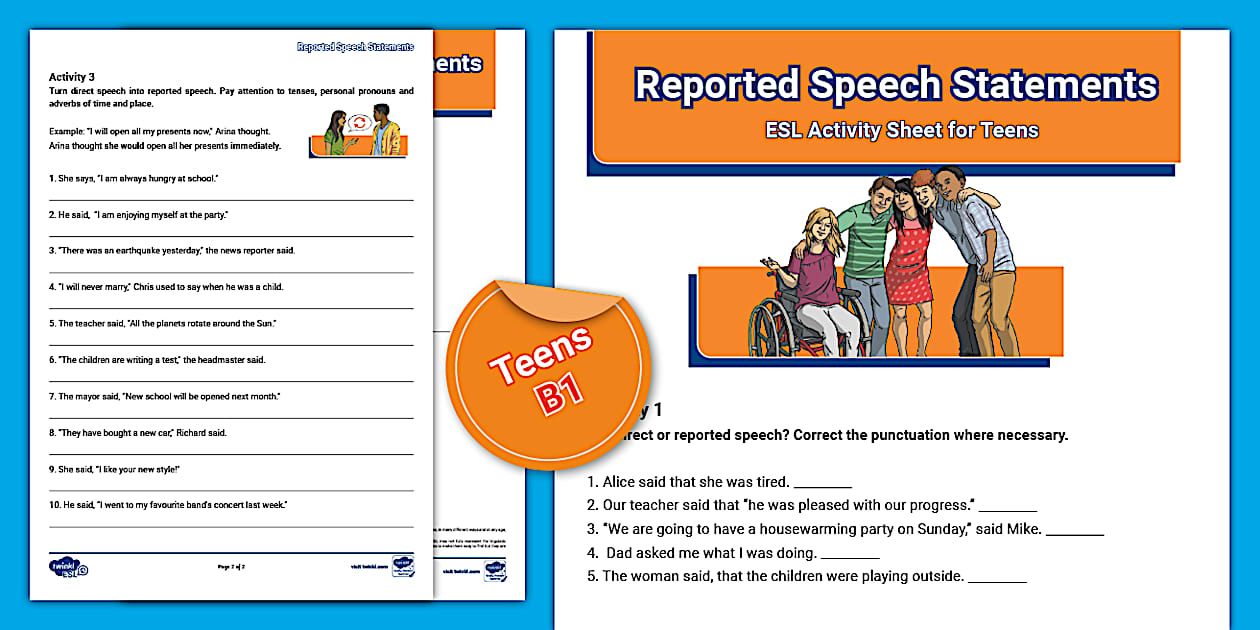 ESL Reported Speech Activity Sheet for Teens (teacher made)