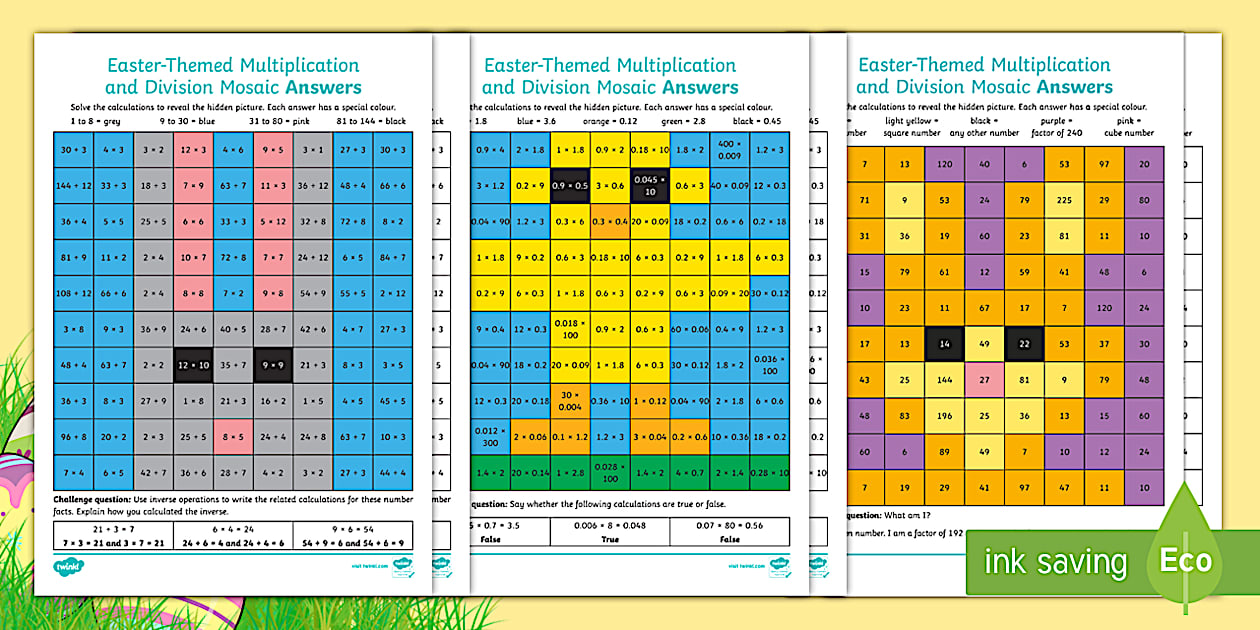 Editable UKS2 Easter-Themed Multiplication and Division Mosaic Worksheet