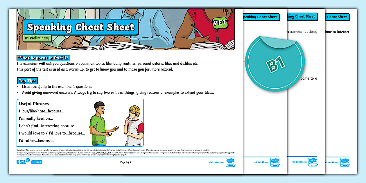 B1 Preliminary (PET) - Speaking Cheat Sheet (teacher made)