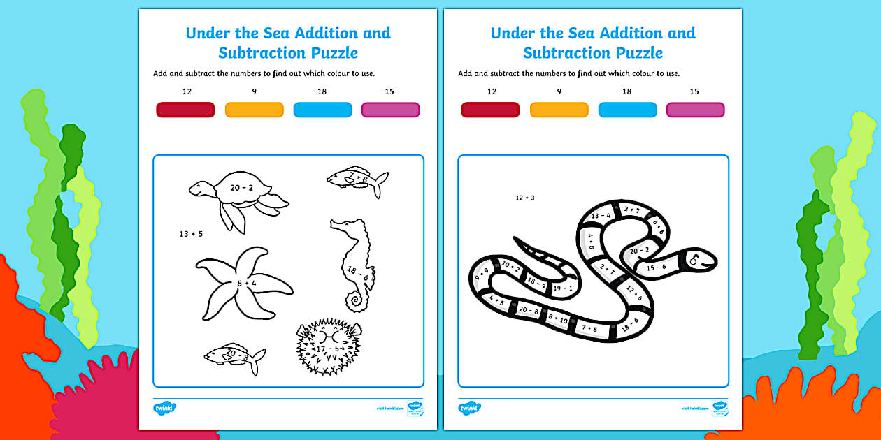 Under the Sea Themed Addition and Subtraction Puzzle 0-20