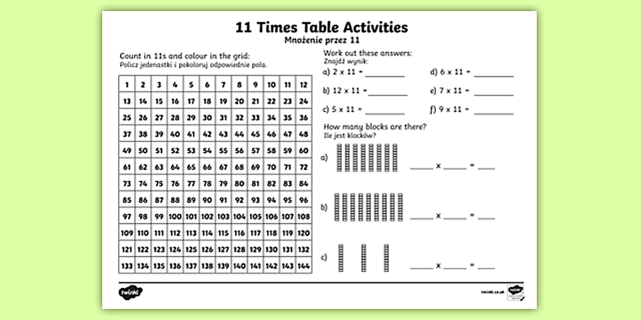 11 Times Table Worksheet / Worksheet English/Polish - 11 Times Table ...