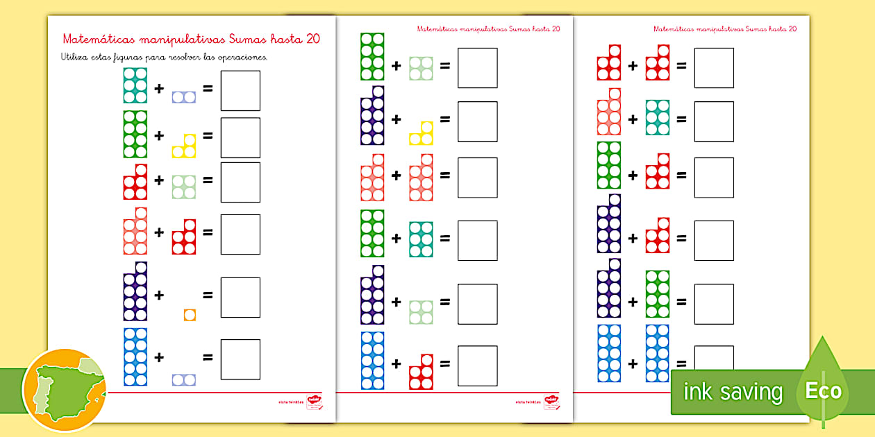 Ficha de actividad: Matemáticas manipulativas - Sumas hasta 20