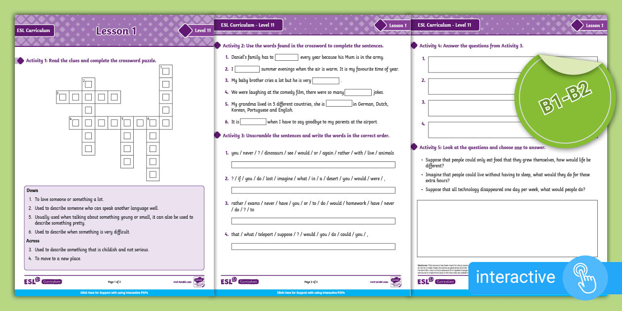 ESL Curriculum Level 11 Interactive Activity Sheet - Twinkl