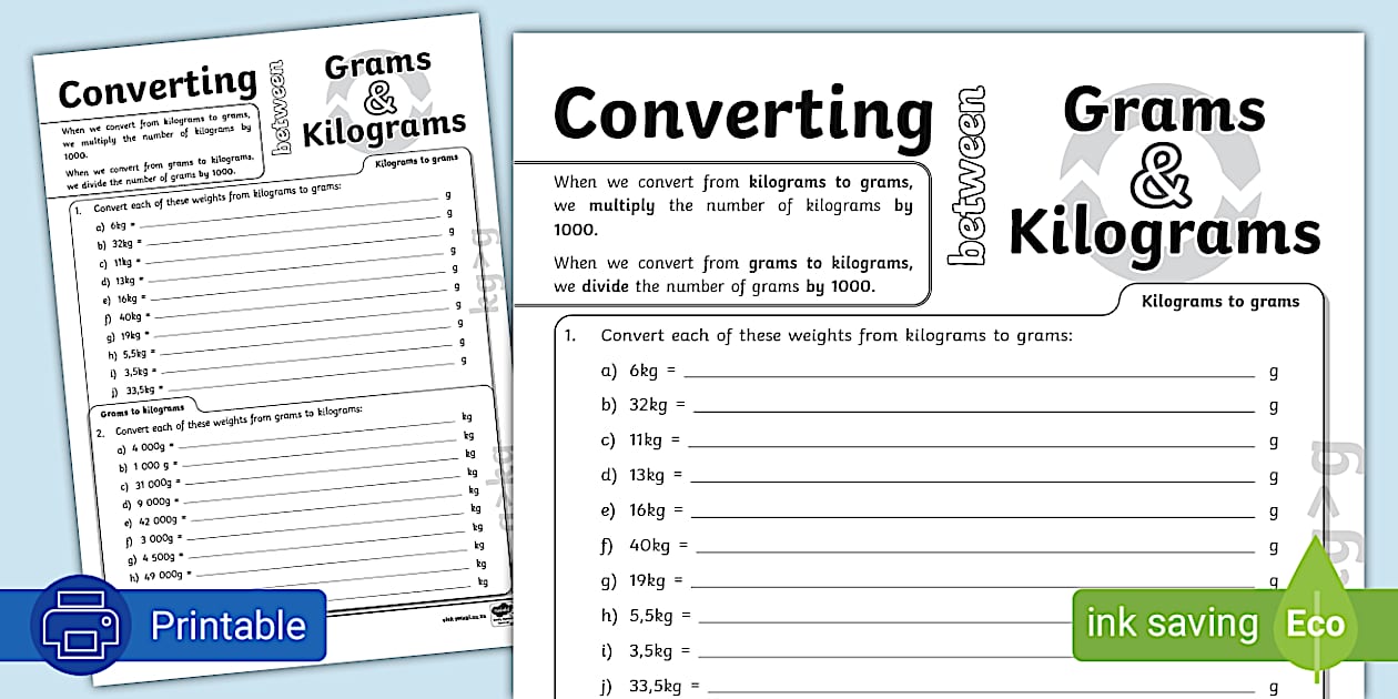 Converting between Grams and Kilograms Activity Sheet