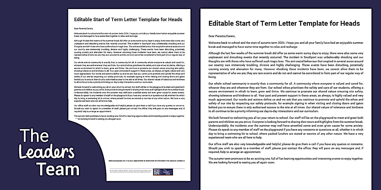 Quick Look: Start of term letter template for headteachers