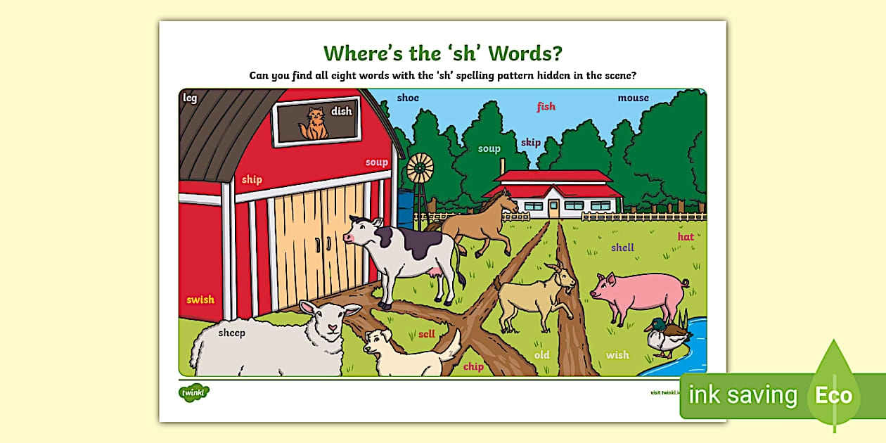 Where's the 'sh' Spelling Pattern? I Spy Activity - Twinkl