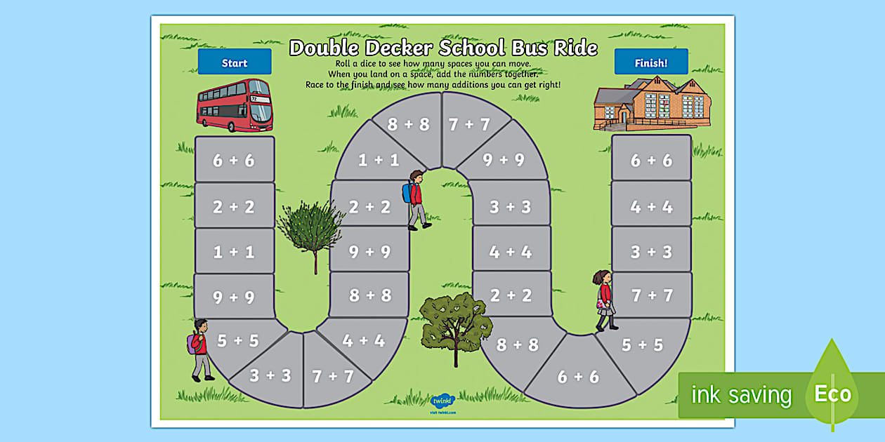 Doubles Addition Bus Board Game - Maths - Twinkl