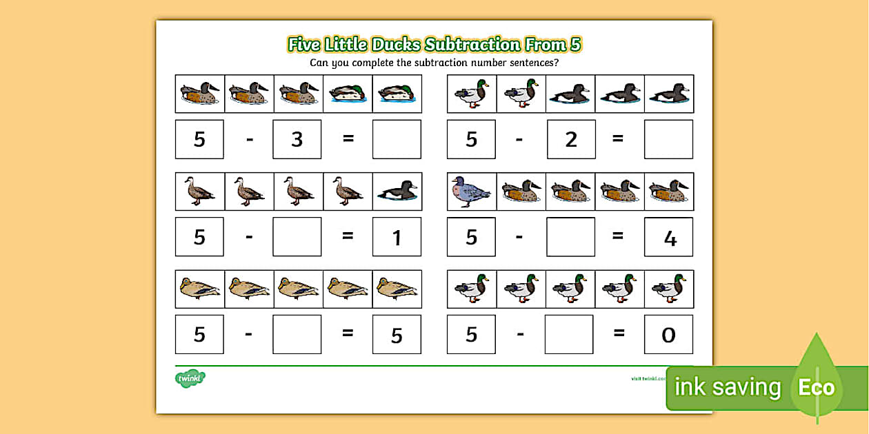 👉 Five Little Ducks Subtraction From 5 Activity - Twinkl