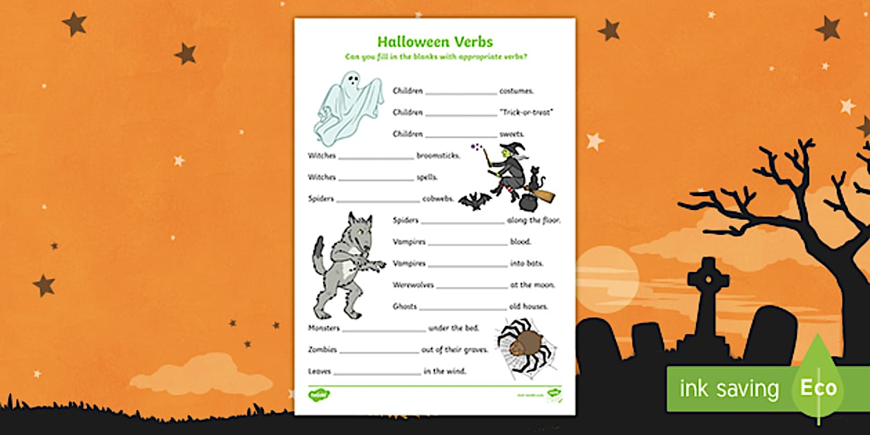 Halloween Verbs Worksheet | Halloween Resources - Twinkl