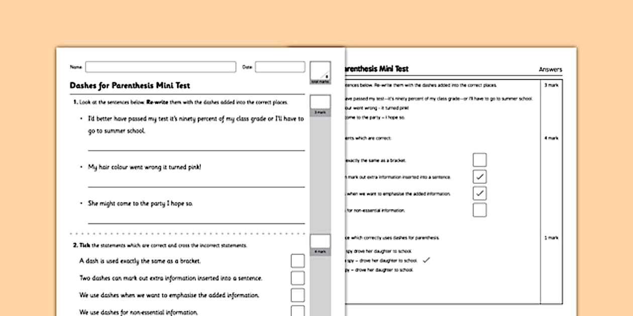 Dashes for Parenthesis Test (teacher made) - Twinkl