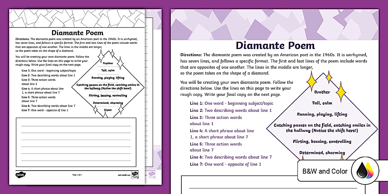 Eighth Grade Diamante Poem Worksheet (teacher made) - Twinkl