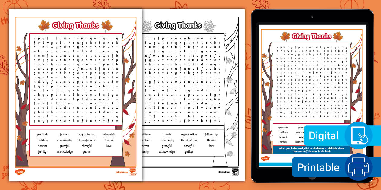 Giving Thanks Word Search for 6th-8th Grade - Twinkl
