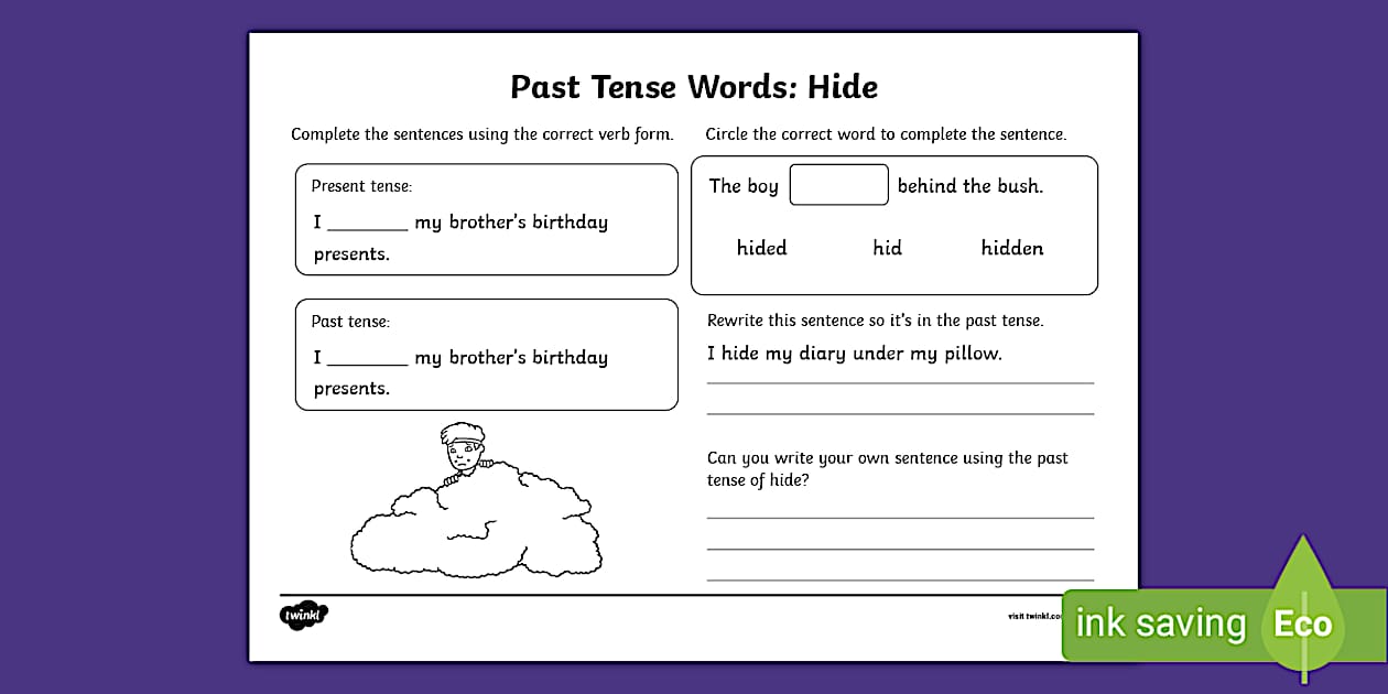 Past Tense Words - Hide Worksheet (Teacher-Made) - Twinkl