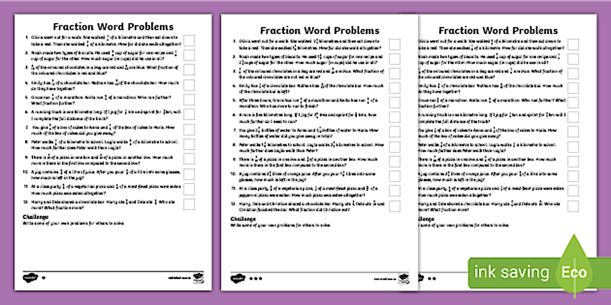 Fraction Word Problems Differentiated Worksheets - Twinkl