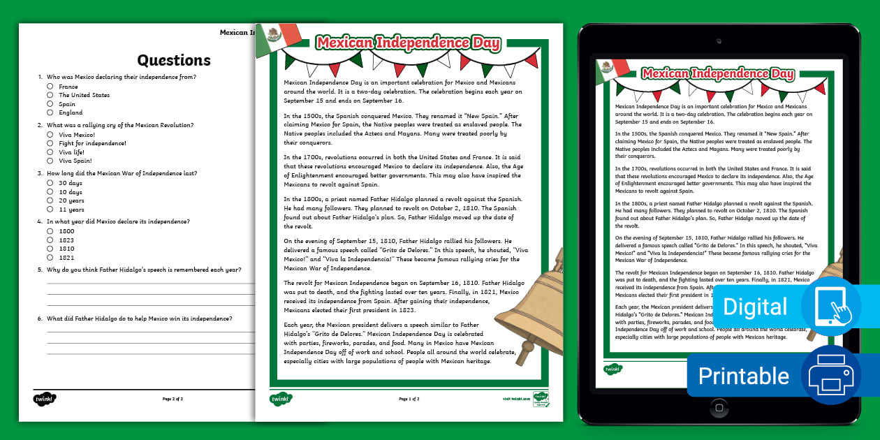 4th Grade Mexican Independence Day Reading Comprehension