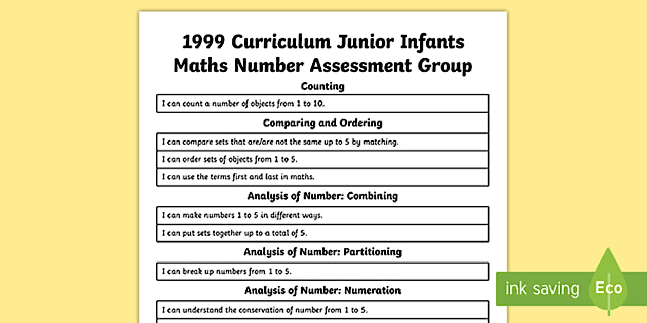 1999 Curriculum Junior Infants Maths Number Assessment Group Colouring ...
