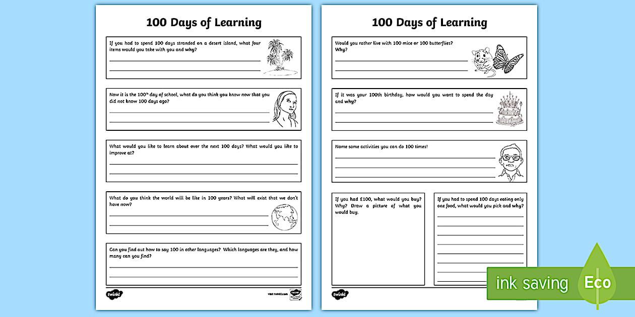 100 Days of Learning Worksheet / Worksheet - Twinkl