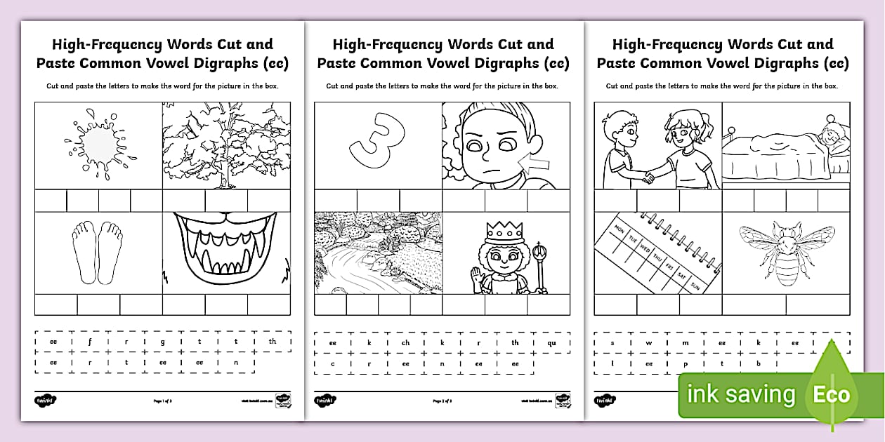 HFW Cut and Paste Worksheets Common Vowel Digraphs (ee)