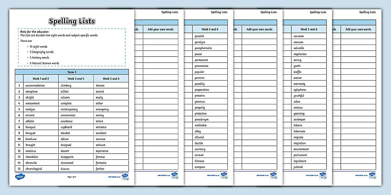 Gr 6: Spelling Lists (teacher made) - Twinkl