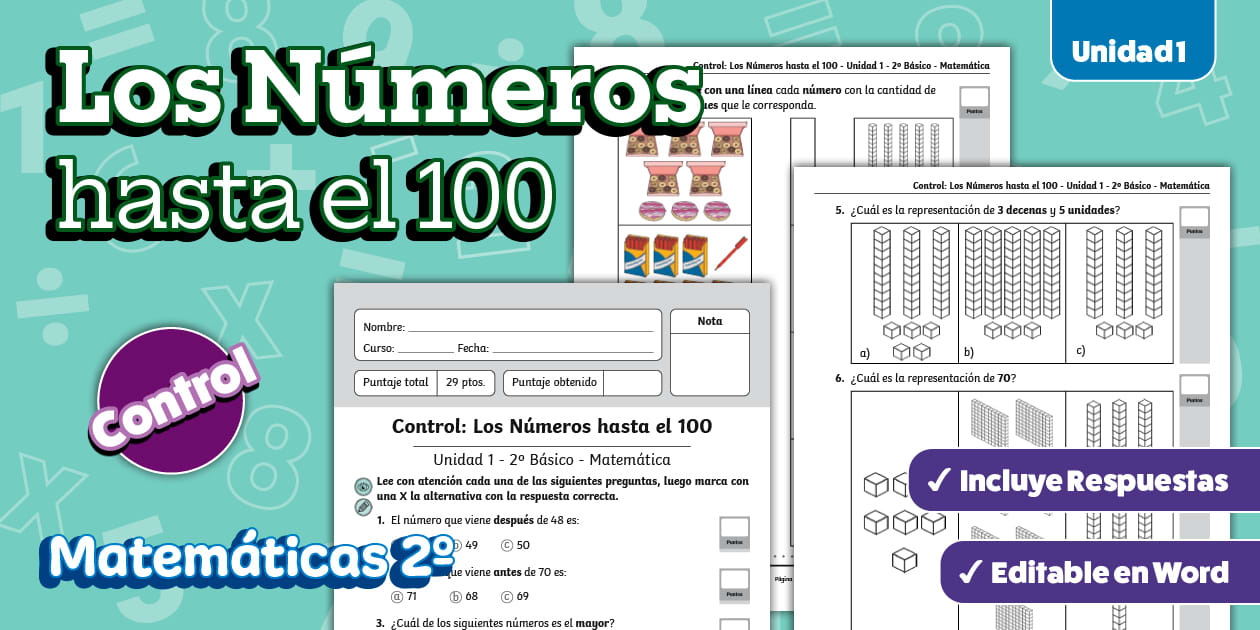 Control | Matemática | 2º | Números hasta 100 | Unidad 1