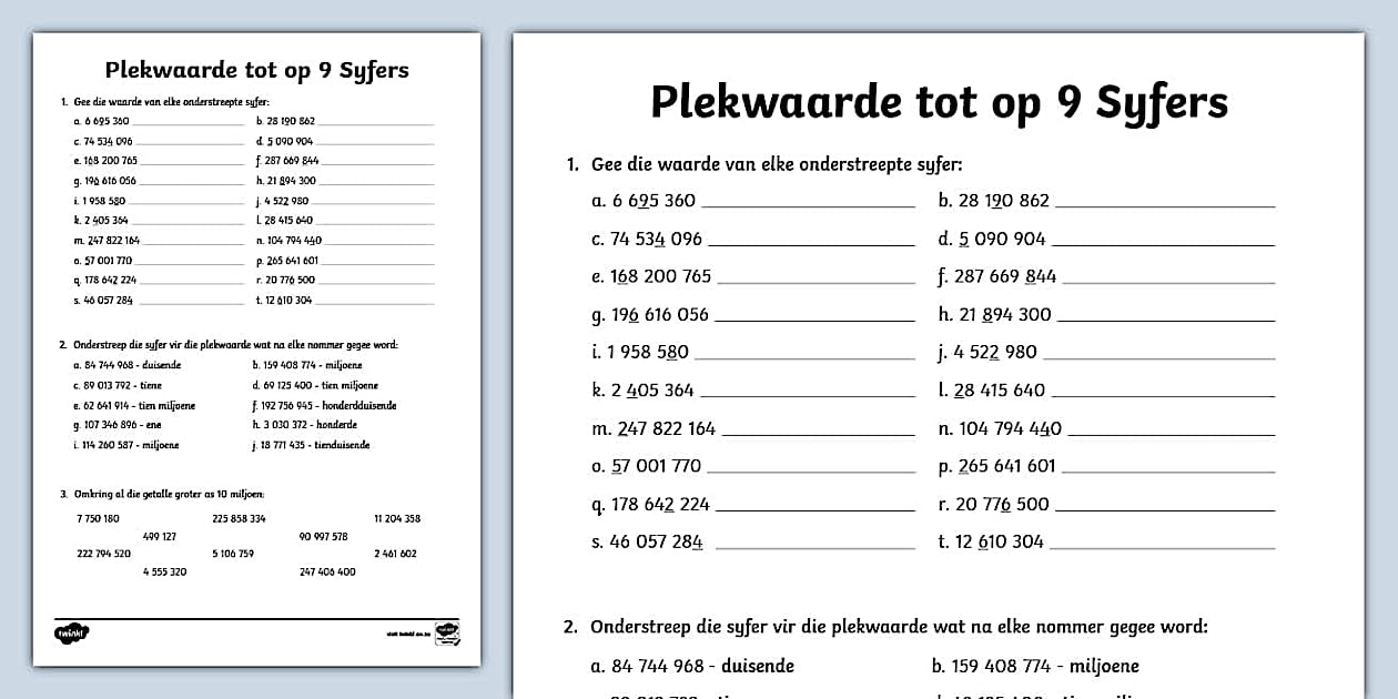 Plekwaarde tot op 9 Syfers Werkkaart (teacher made) - Twinkl