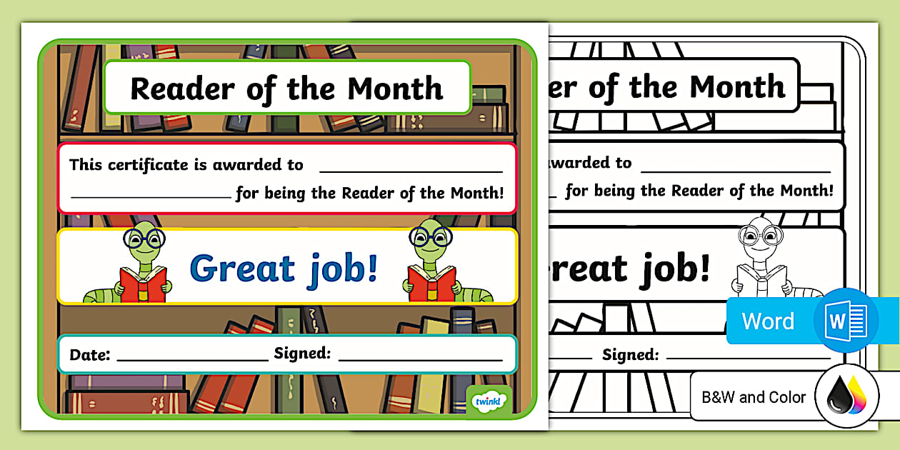 Editable Reader of the Month Certificate